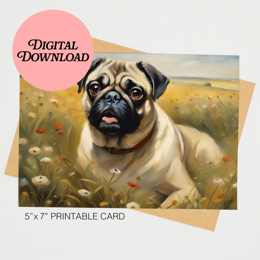 Printable Card With Dog Illustration Pug Card Dog Birthday - Etsy