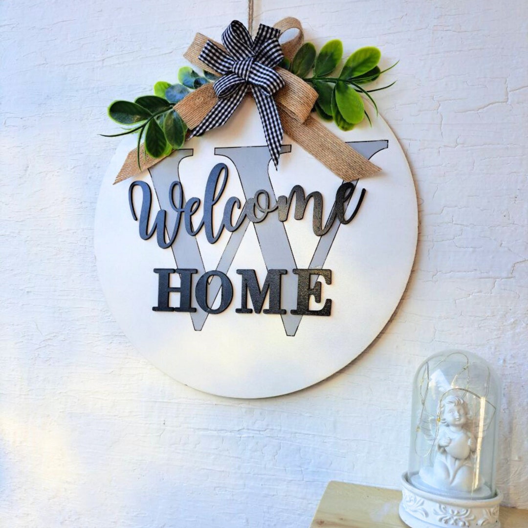 Door Sign Hanger, Wooden Monogram Welcome Home Front Door Wreath ...