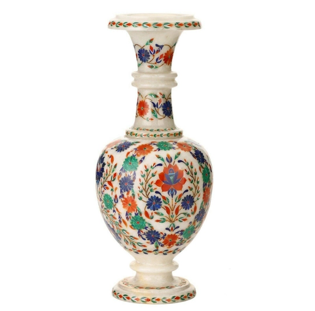 Marble Flower Vase Natural Semi Precious Stones Floral Inlay Art ...