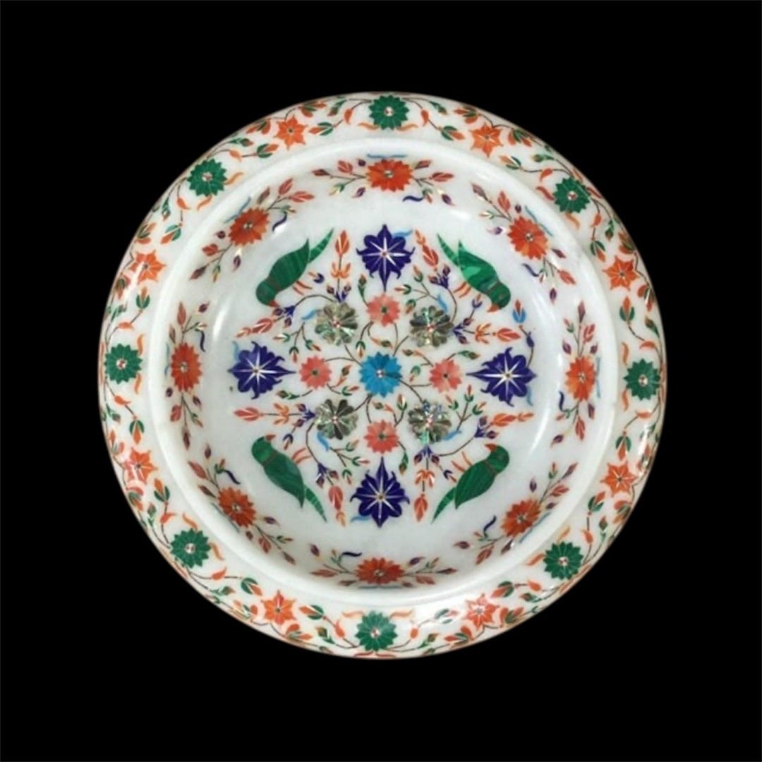 Handmade Marble Fruit Bowl: Peacock Inlay Design, 15x15 Inches - Etsy
