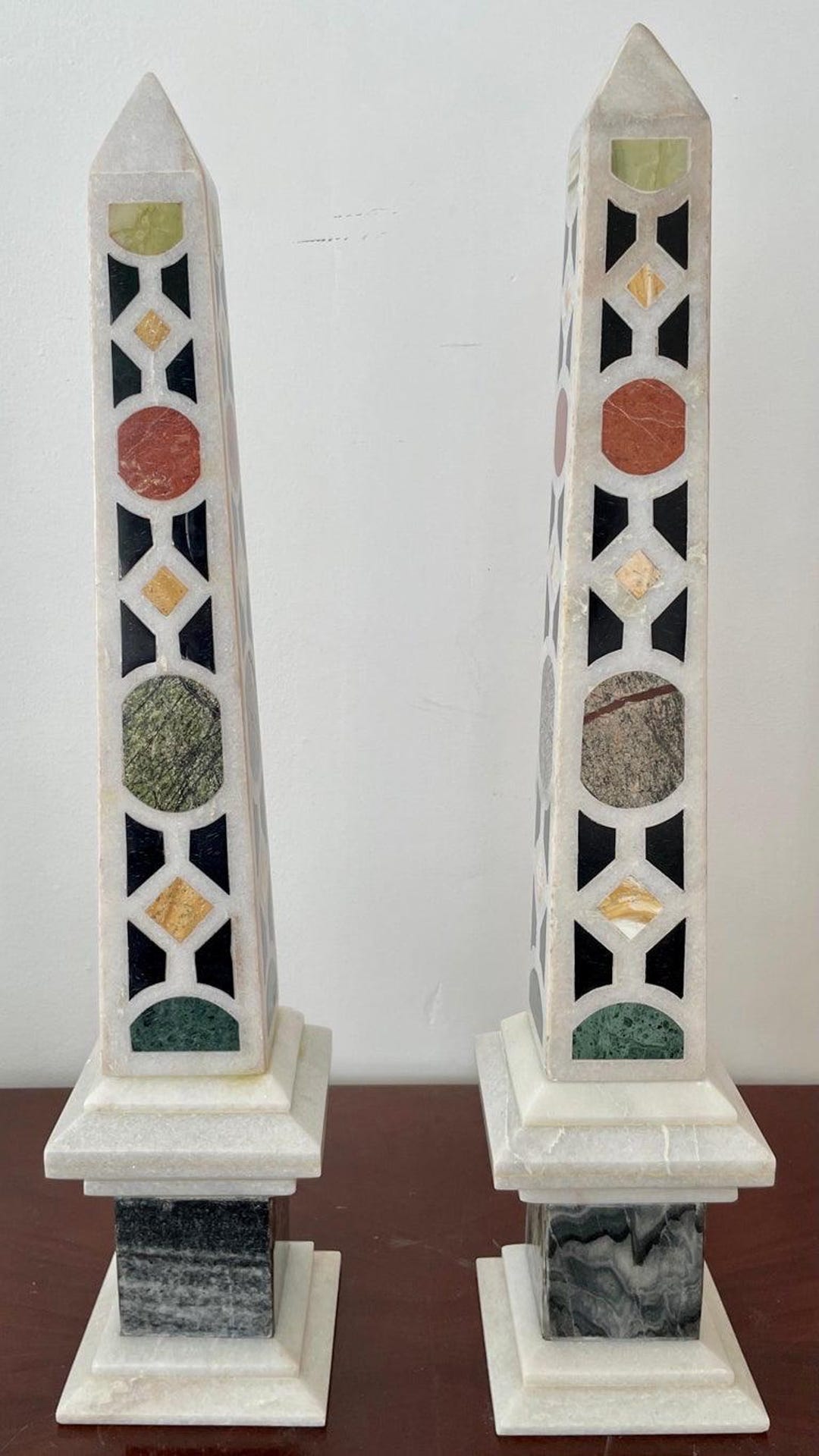 White Marble Inlay Obelisks: Handmade Semiprecious Stone Art - Set of 2 ...