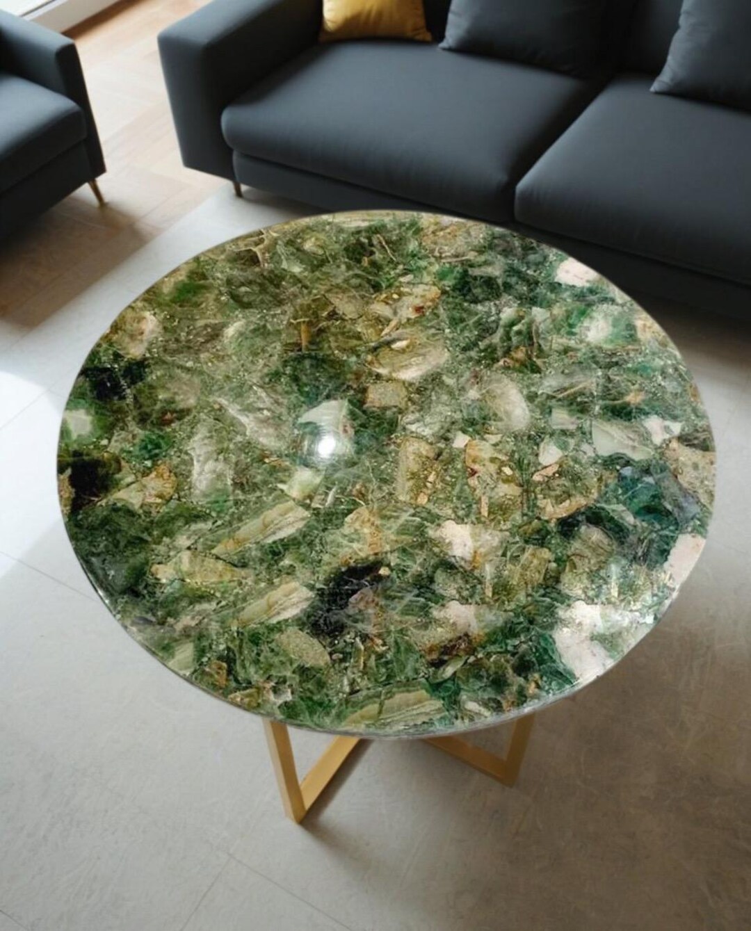 Green Agate Round Coffee Tabletop Round Tabletop/ Natural Fluorite ...