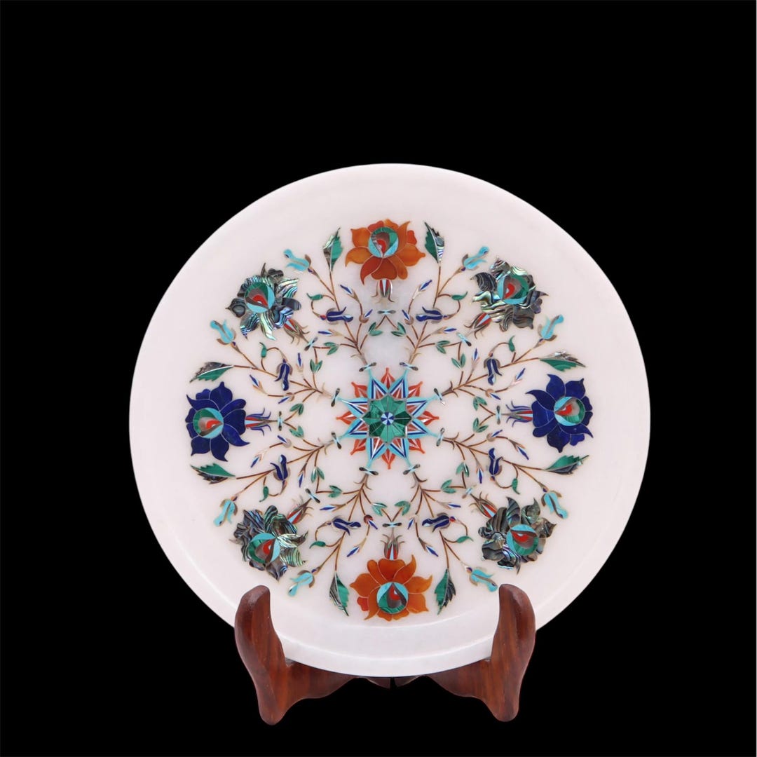 White Marble Plate With Gemstone Inlay: Taj Mahal Art - Etsy