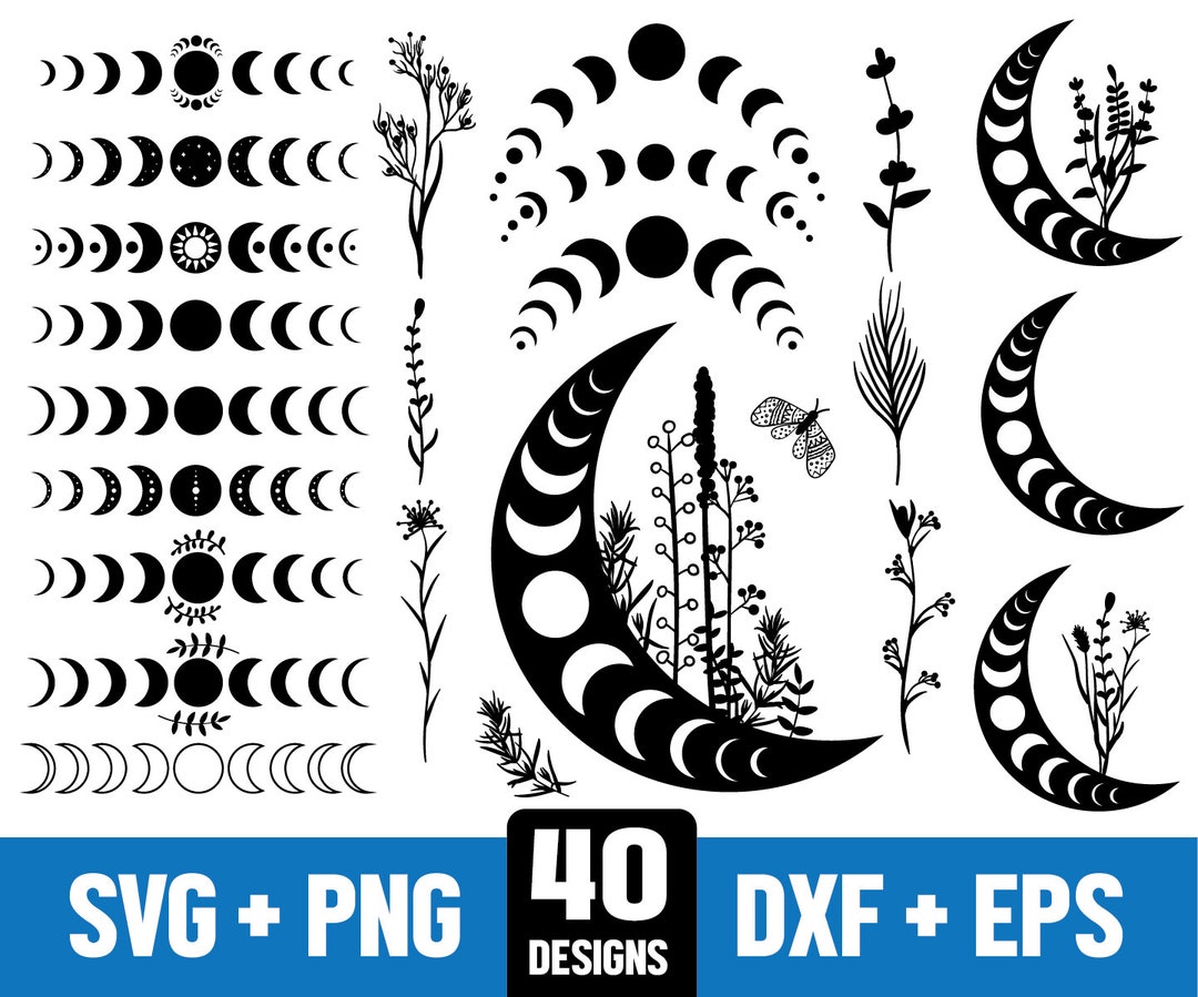 Moon Phase Bundle Svg, Moon and Stars Svg, Crescent Moon Svg, Moon ...