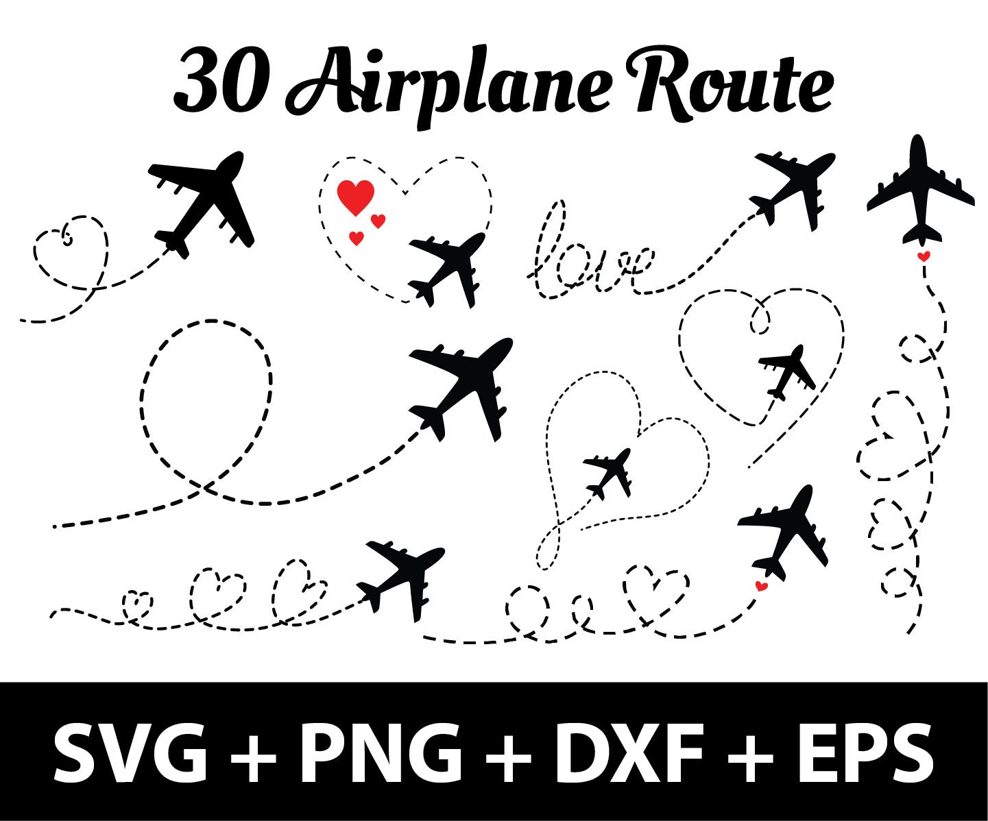 Airplane Svg Bundle, Airplane Heart Svg Bundle, Travel Svg, Plane Route ...