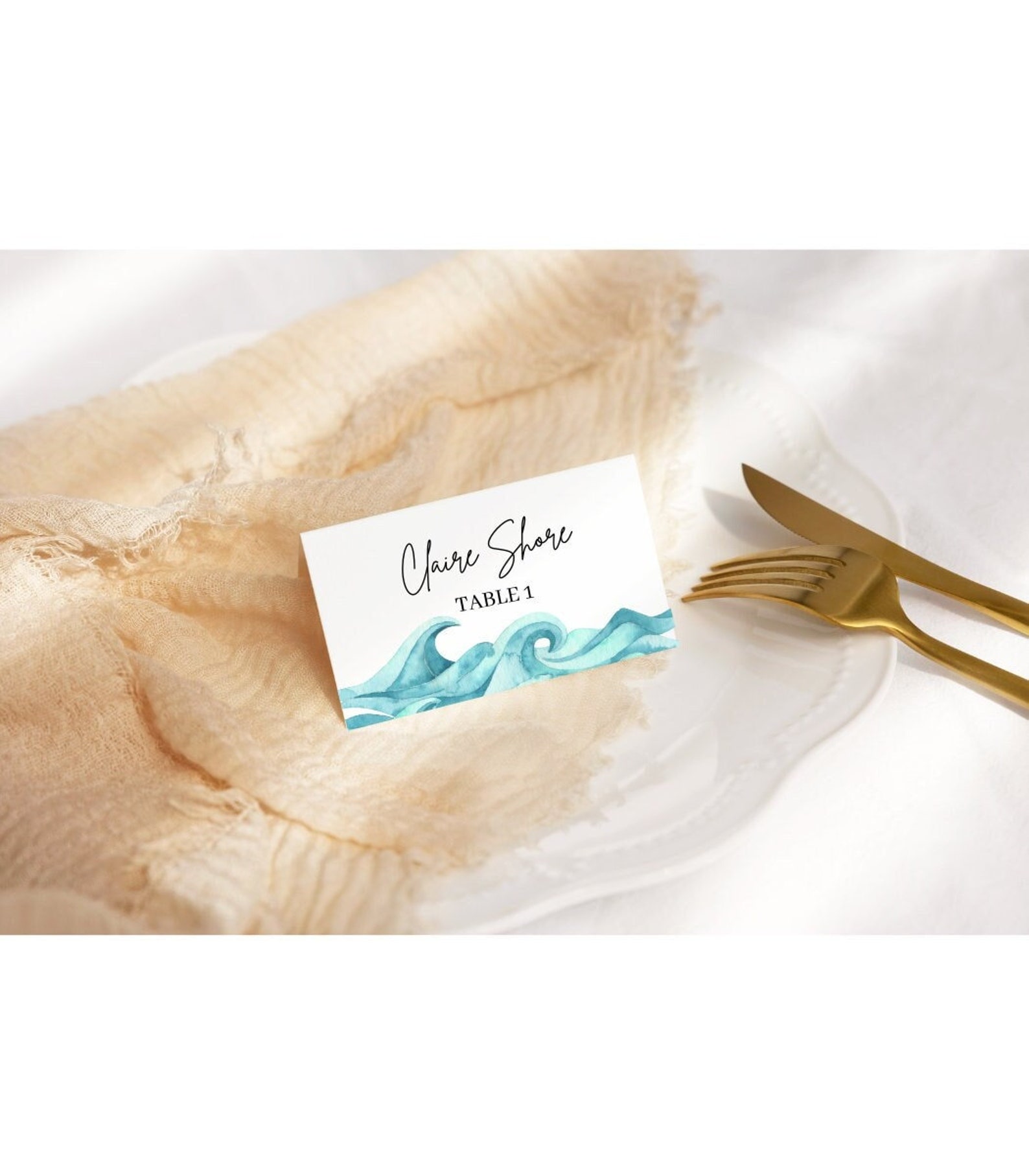 Sea Ocean Waves Watercolour Wedding Place Card Template Instant ...