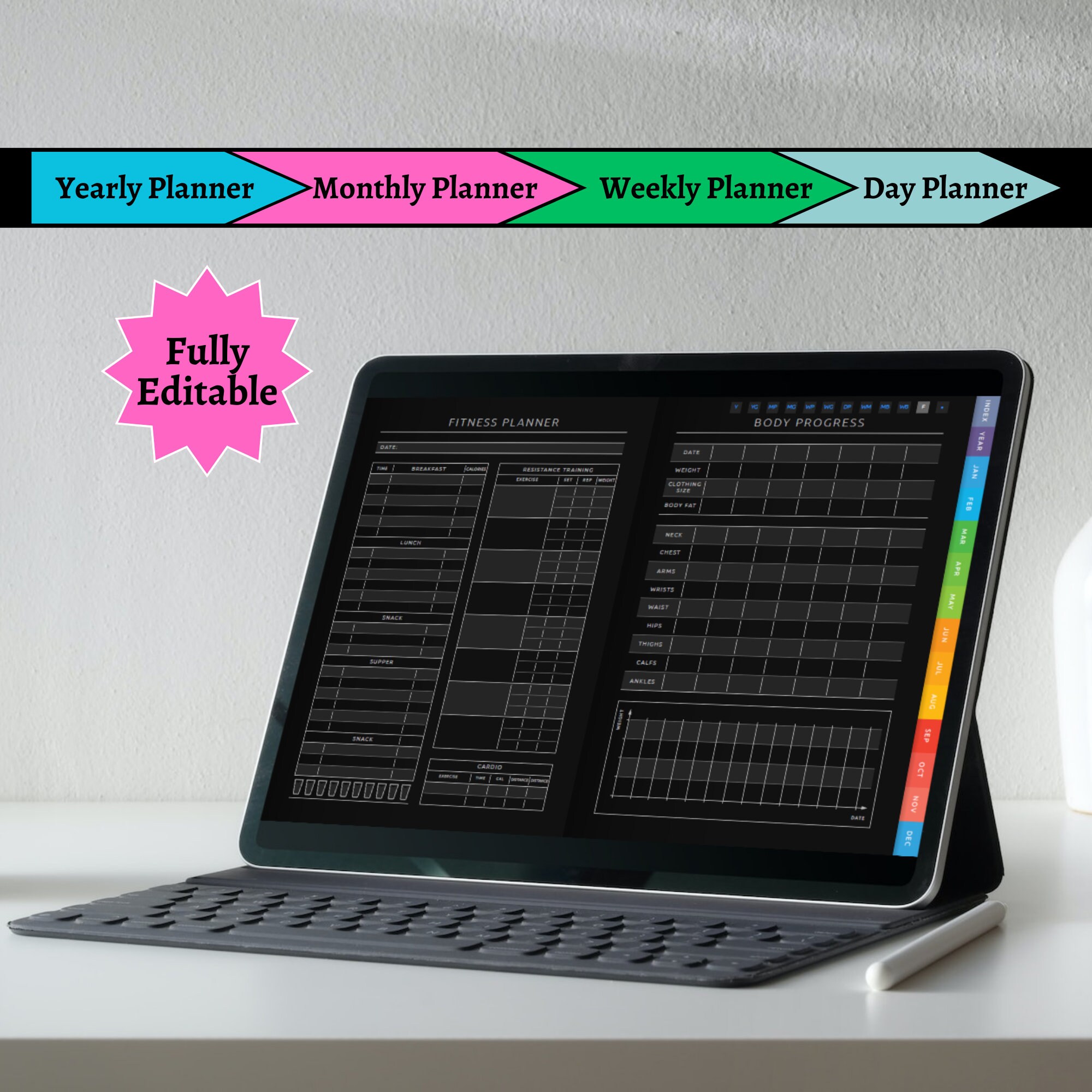 Dark Mode + Light UNDATED Hyperlinked iPad Planner Bundle, All in One ...