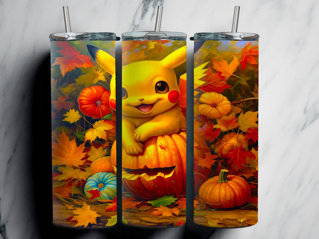 Pikachu Tumbler Wrap With Pumpkins and Fall Leaves, Fall Tumbler Wrap ...