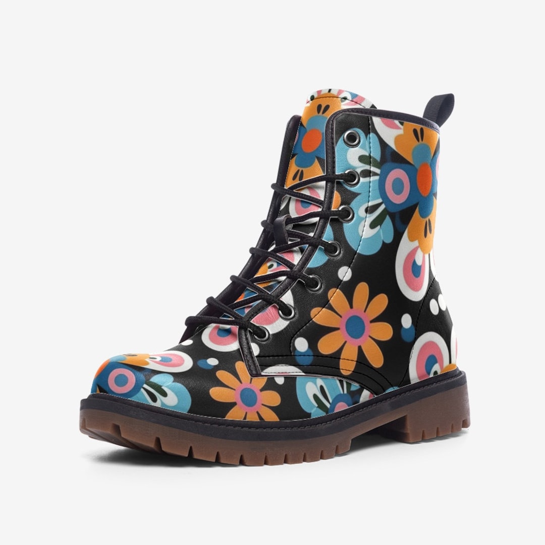 Groovy Floral Faux Leather Combat Boots: Vegan Festival Streetwear - Etsy