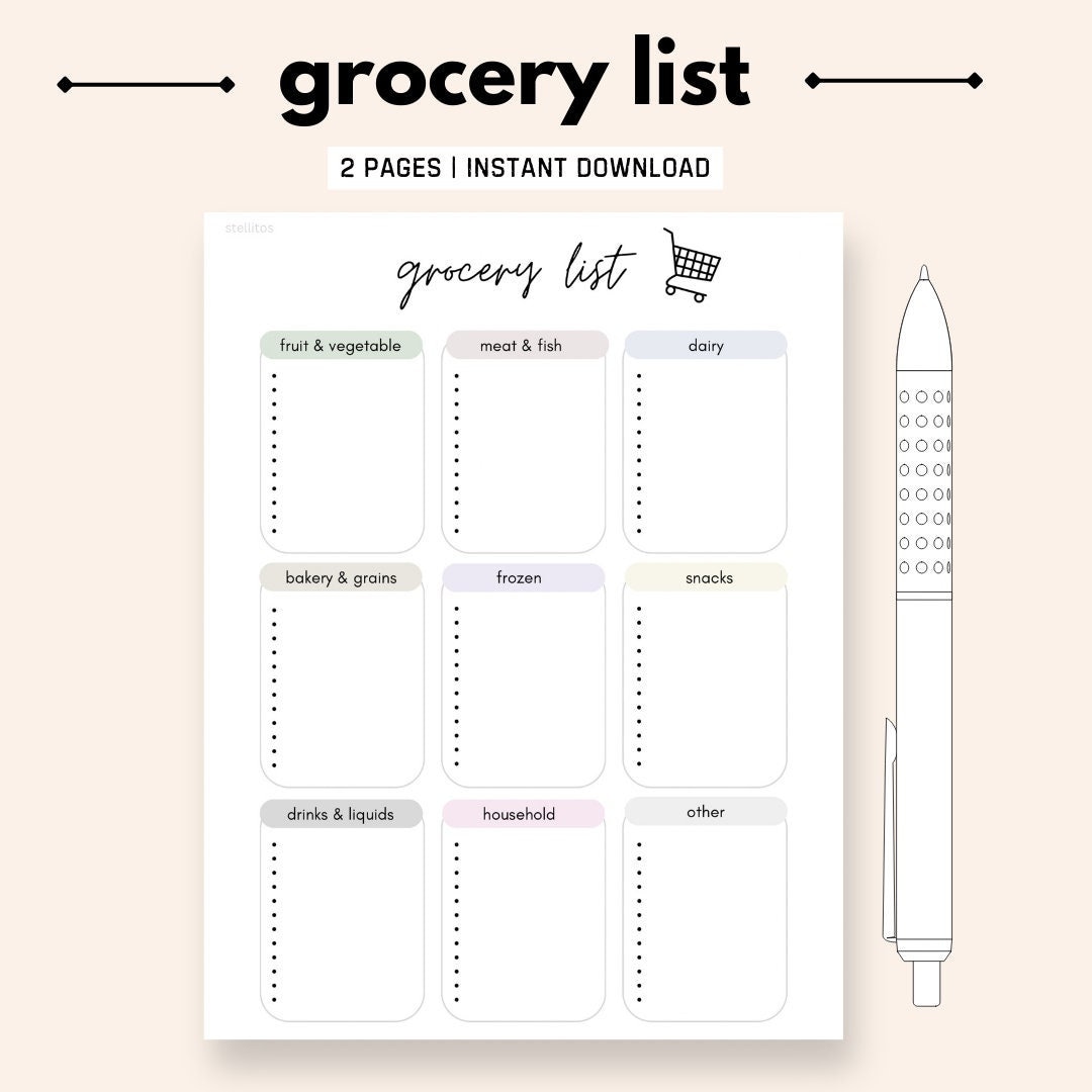 Grocery List Printable Template, Digital Product Grocery Shopping ...