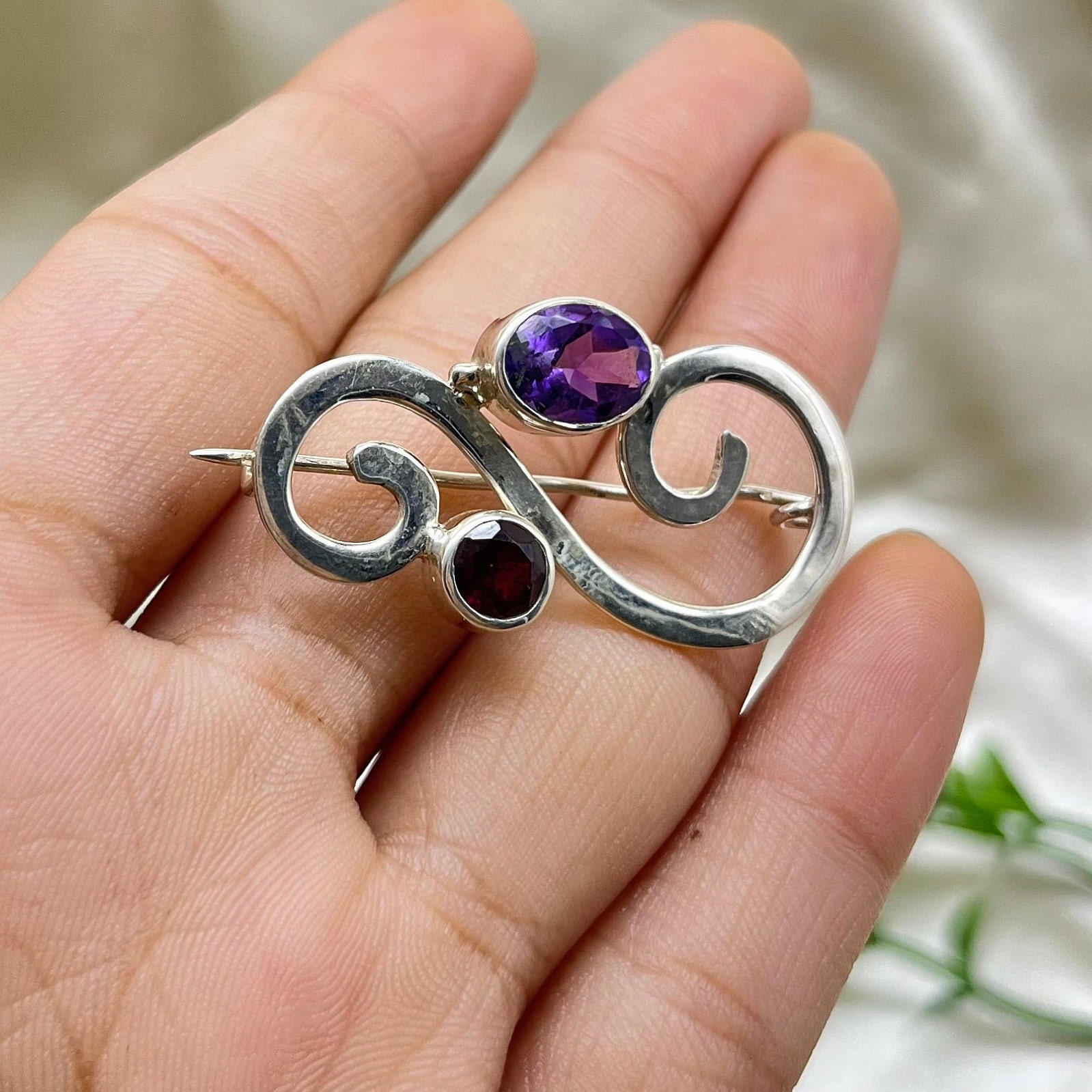 Amethyst Garnet Silver Brooch, Vintage Silver Brooches, Custom ...