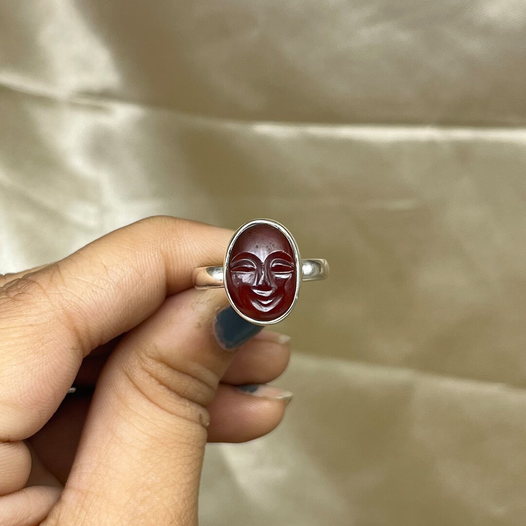 Moon Face Silver Ring, Garnet Gemstone Moon Face Ring, Silver Face Ring ...