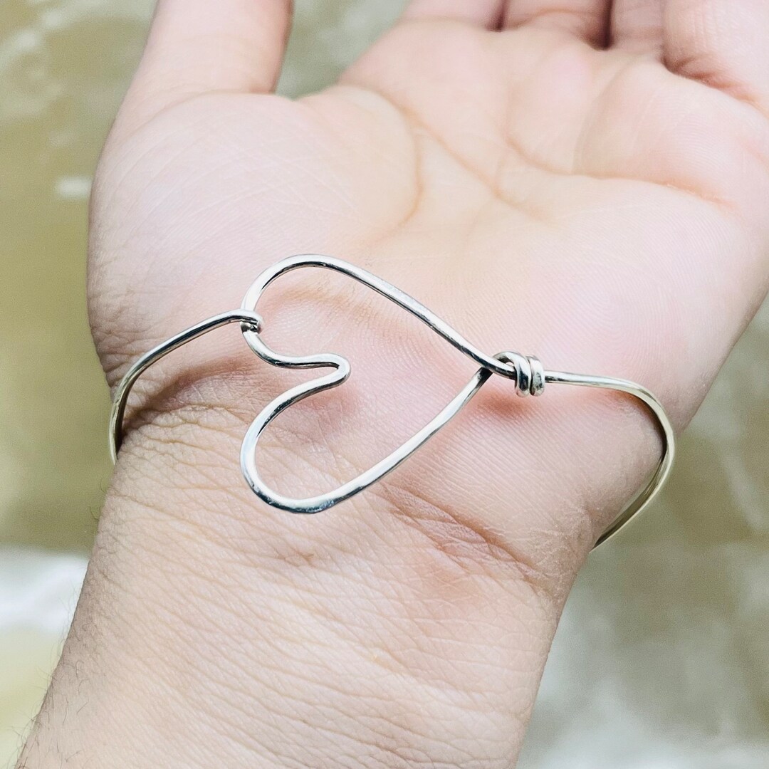 925 Sterling Silver Wire Heart Bangle, Simple Wire Open Cuff Bangle for ...