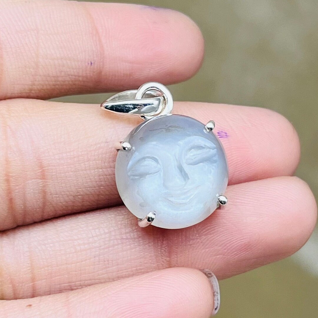 Moon Face Necklace, White Moon Face Gemstone Pendant, Face Carving Moon ...