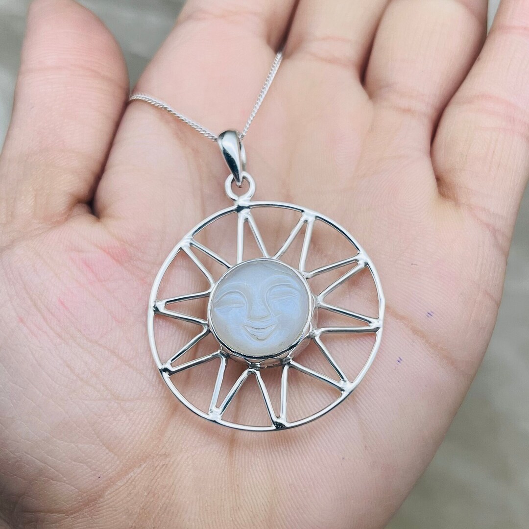 Moon Face Silver Pendant Necklace, White Moon Face Gemstone for Women ...