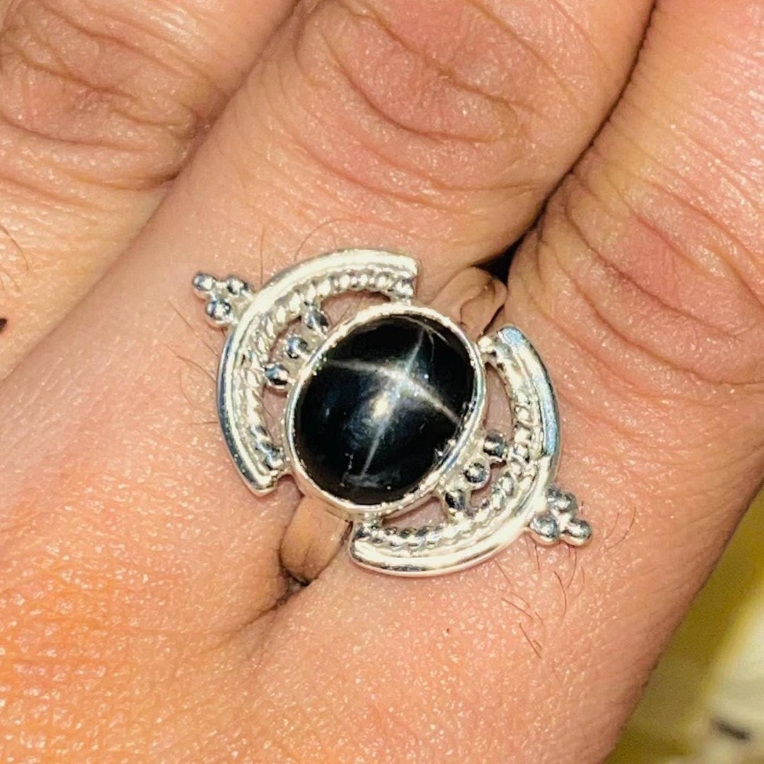 Natural Black Star Sapphire Silver Ring 925 Sterling Black Star ...