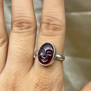 Moon Face Silver Ring, Garnet Gemstone Moon Face Ring, Silver Face Ring ...