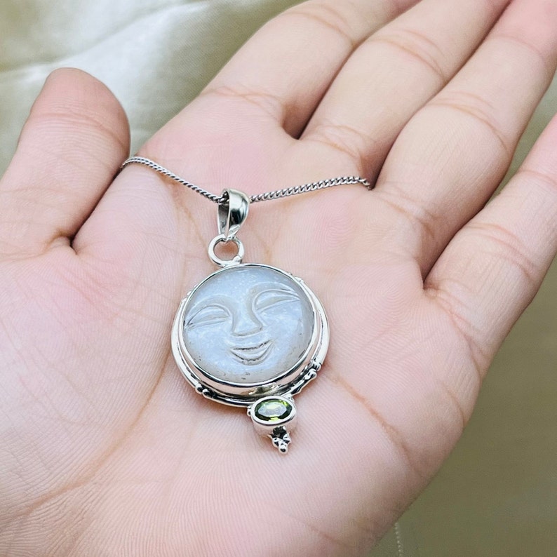 Moon Face Silver Pendant Necklace, White Moon Face Peridot Gemstone for ...