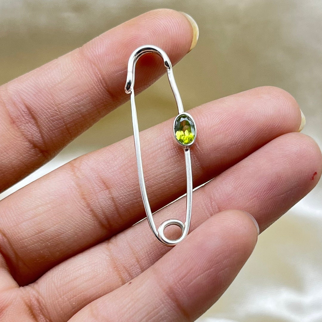 925 Sterling Silver Safety Pin Brooch, Genuine Peridot Brooches, Simple ...