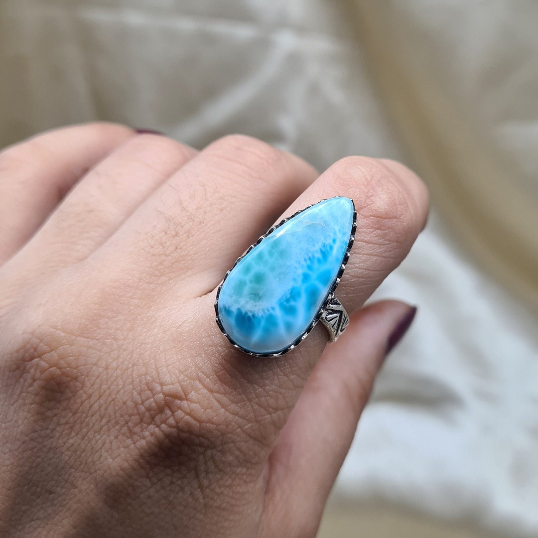 High Quality Larimar Silver Ring, Tear Drop Larimar Gemstone Ring, Blue ...