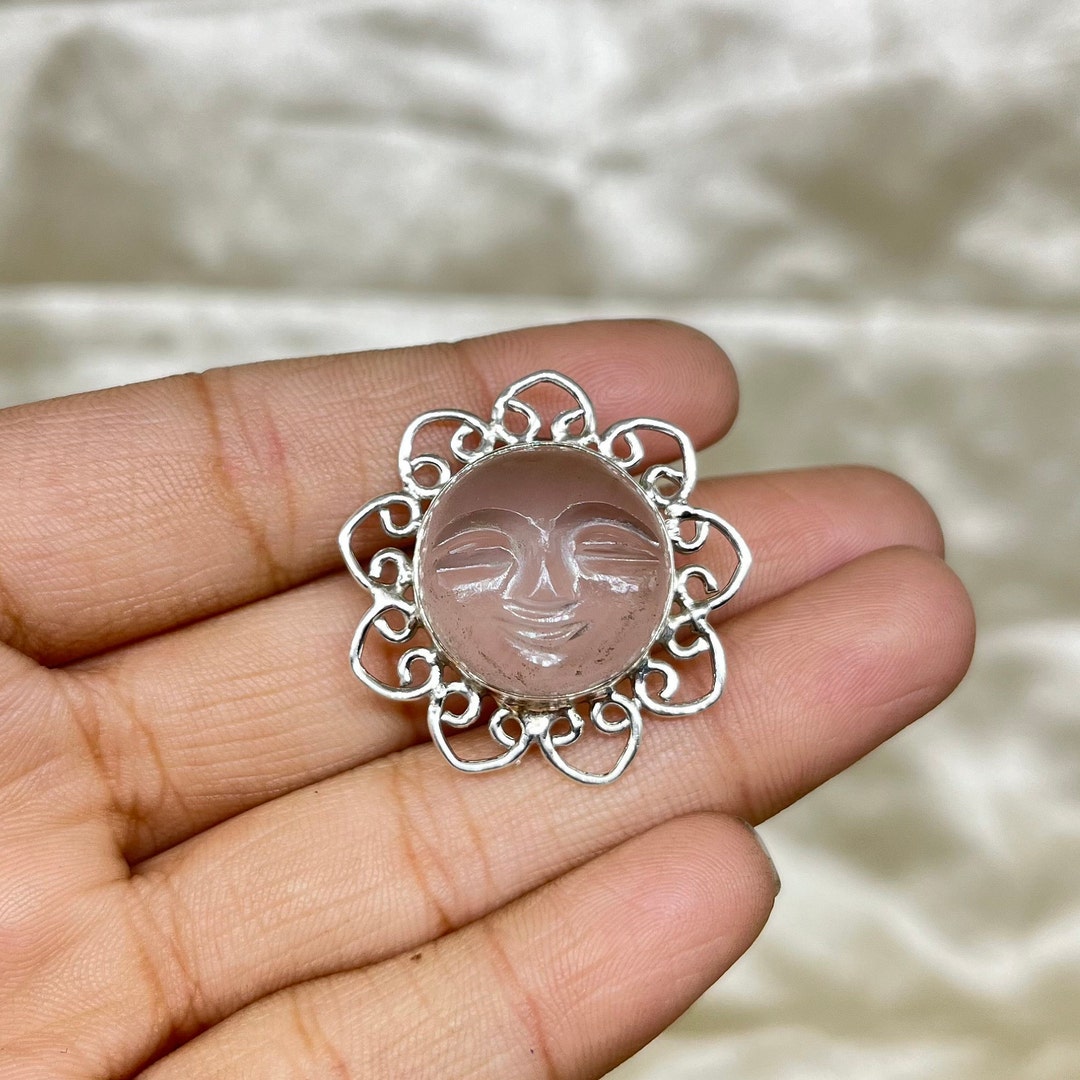 925 Sterling Silver Brooch, Rose Quartz Gemstone Silver Brooches, Moon ...