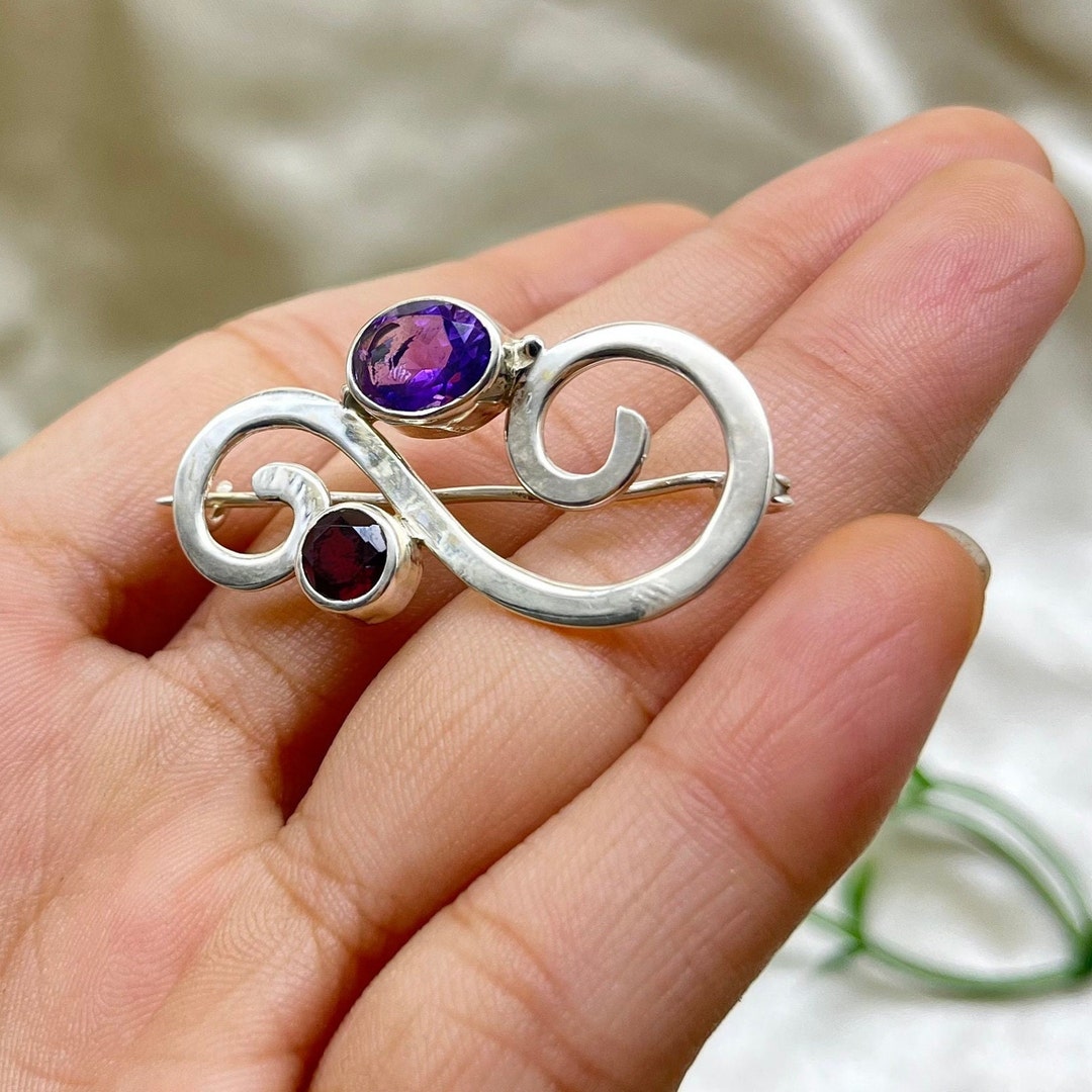 Amethyst Garnet Silver Brooch, Vintage Silver Brooches, Custom ...