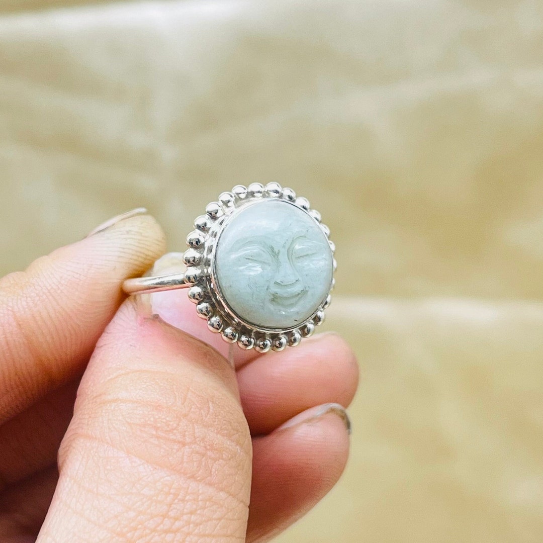 Genuine Amazonite Ring, Moon Face Silver Ring, Moon Face Gemstone Ring ...