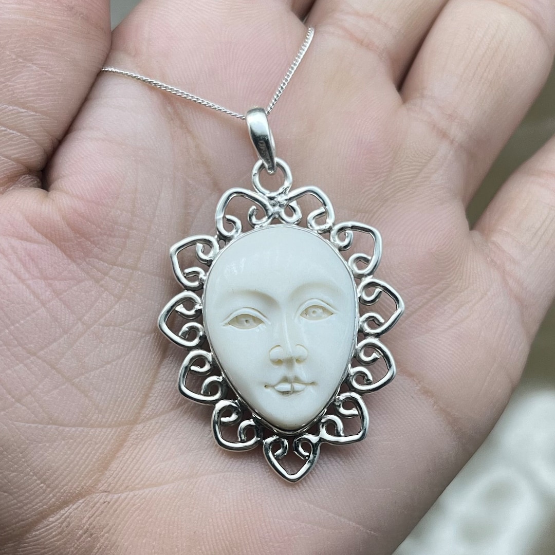 Moon Face Necklace, White Moon Face Pendant Necklace, Hand Carved Moon ...