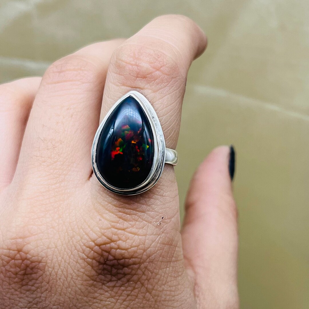 Natural Black Opal Silver Ring, Ethiopian Black Opal Gemstone Ring for Women, Tear Drop Black ...