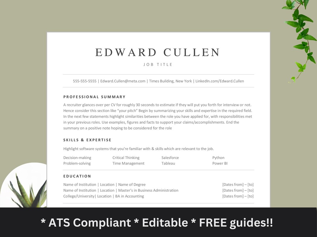 Ats-friendly Resume Template for Word, Pages & Google Docs Professional ...