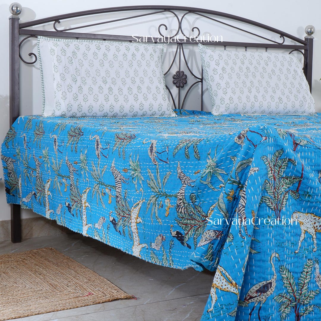 Kantha Quilts Bohemian Indian Floral Print Blanket Boho Décor Double ...