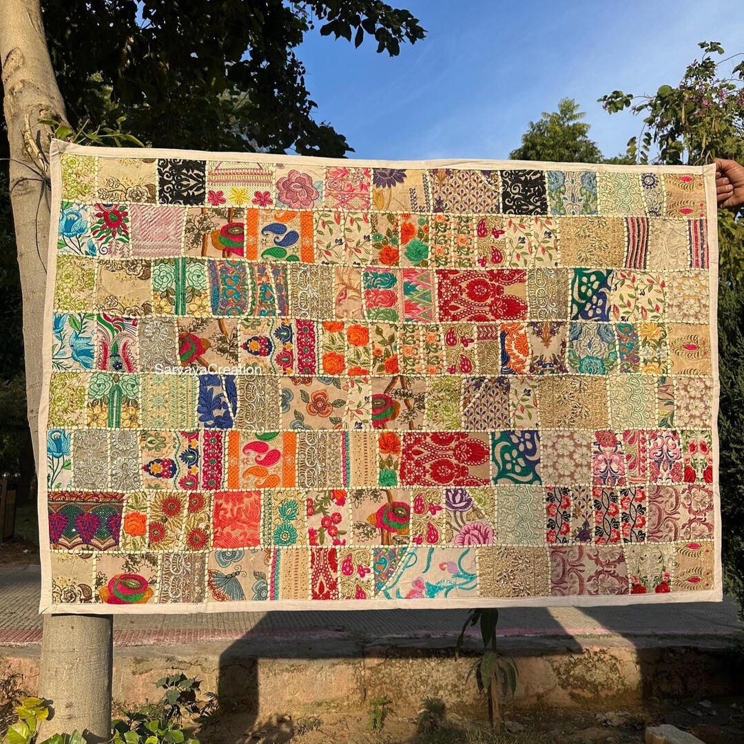 Vintage Indian Patchwork Tapestry, Handmade Wall Hanging, Boho Quilted ...