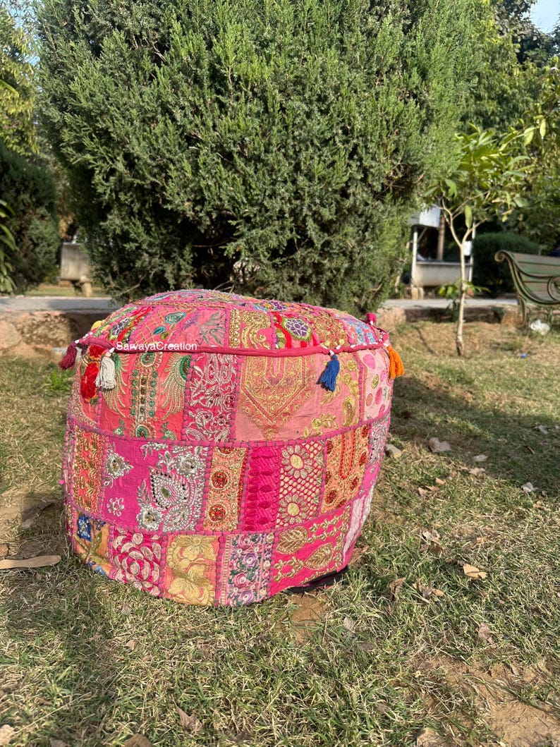 Handmade Indian Bohemian Ottoman Pouf Cover, Vintage Patchwork Floor ...