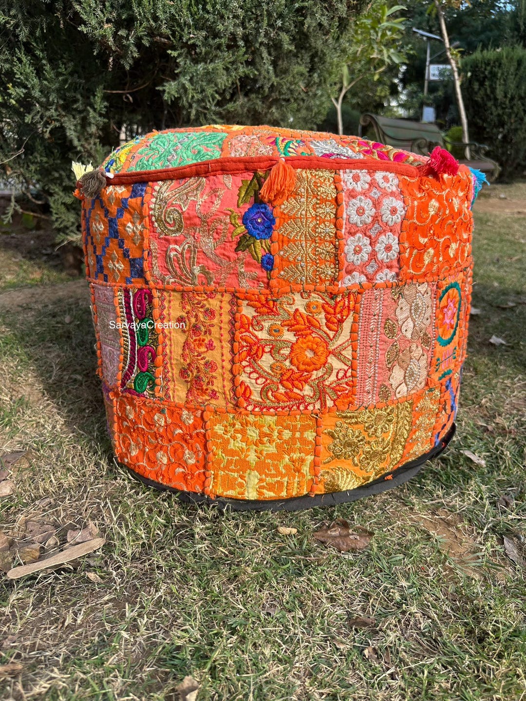 Orange Stuffed Ottoman Pouf Storage Stool Embroidered Pouf Ottoman ...