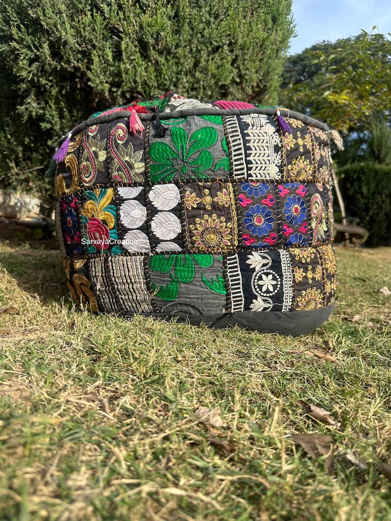 Handmade Indian Bohemian Ottoman Pouf Cover, Vintage Patchwork Floor Cushion, Embroidered ...