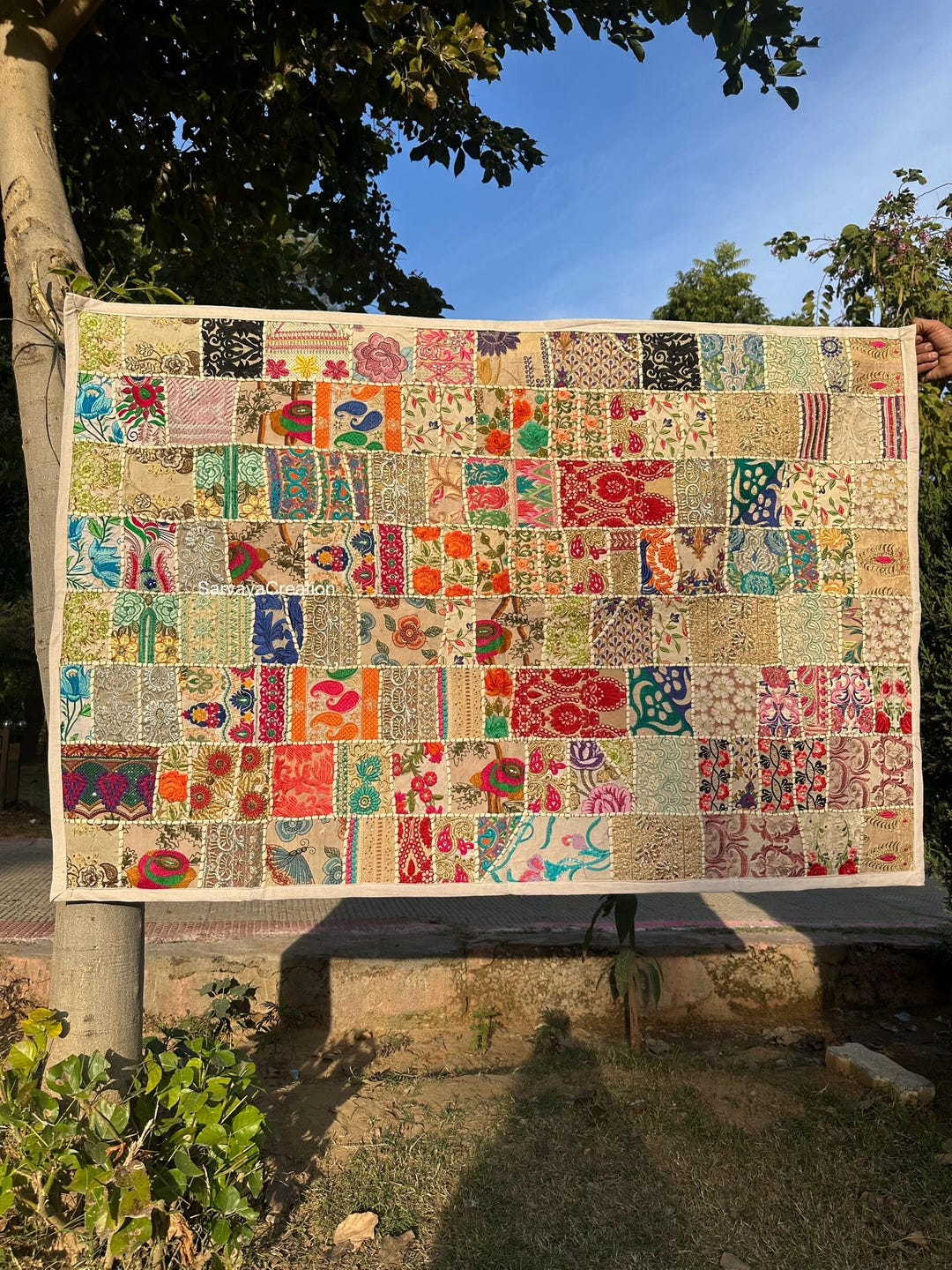 Indian Heavy Embroidered Wall Hanging Vintage Sari Zari Work Tapestry ...