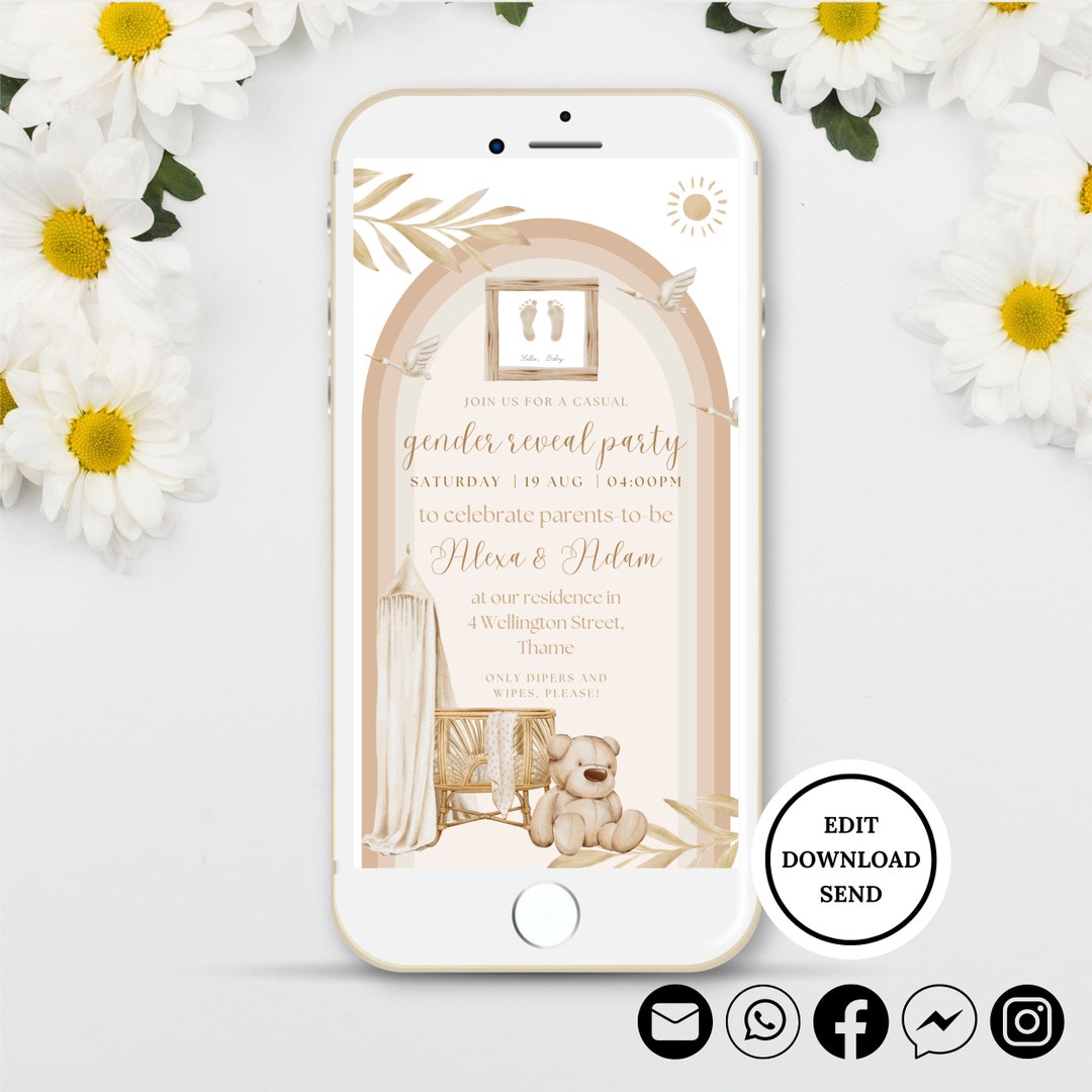 He or She Gender Reveal Invitation, EDITABLE Boho Baby Shower ...