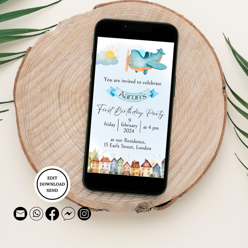 Editable Short Video Invitation, First Birthday Airplane Town Invite ...