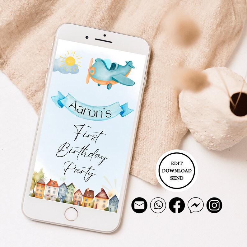 Editable Short Video Invitation, First Birthday Airplane Town Invite ...