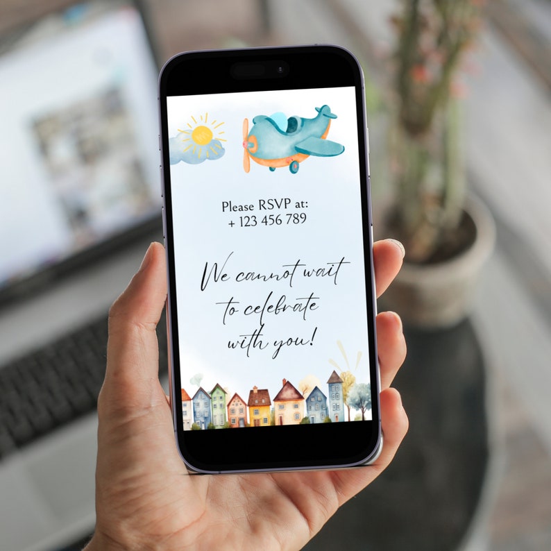 Editable Short Video Invitation, First Birthday Airplane Town Invite ...