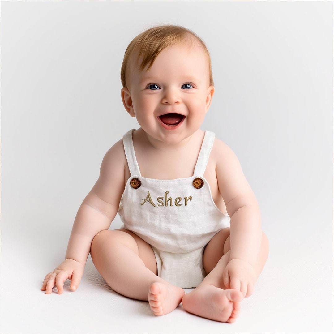Personalized Baby Romper, Custom Name or Monogram White Linen Bubble ...