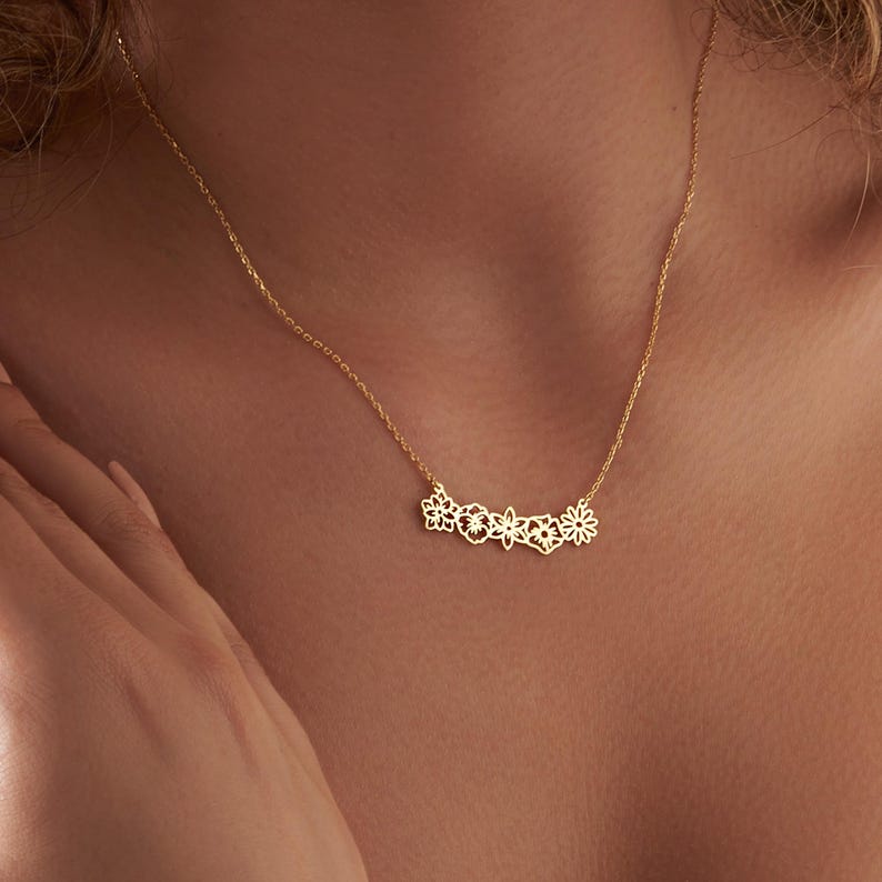 Meaningful 14K Gold Birth Flower Family Necklace • Personalized Floral ...