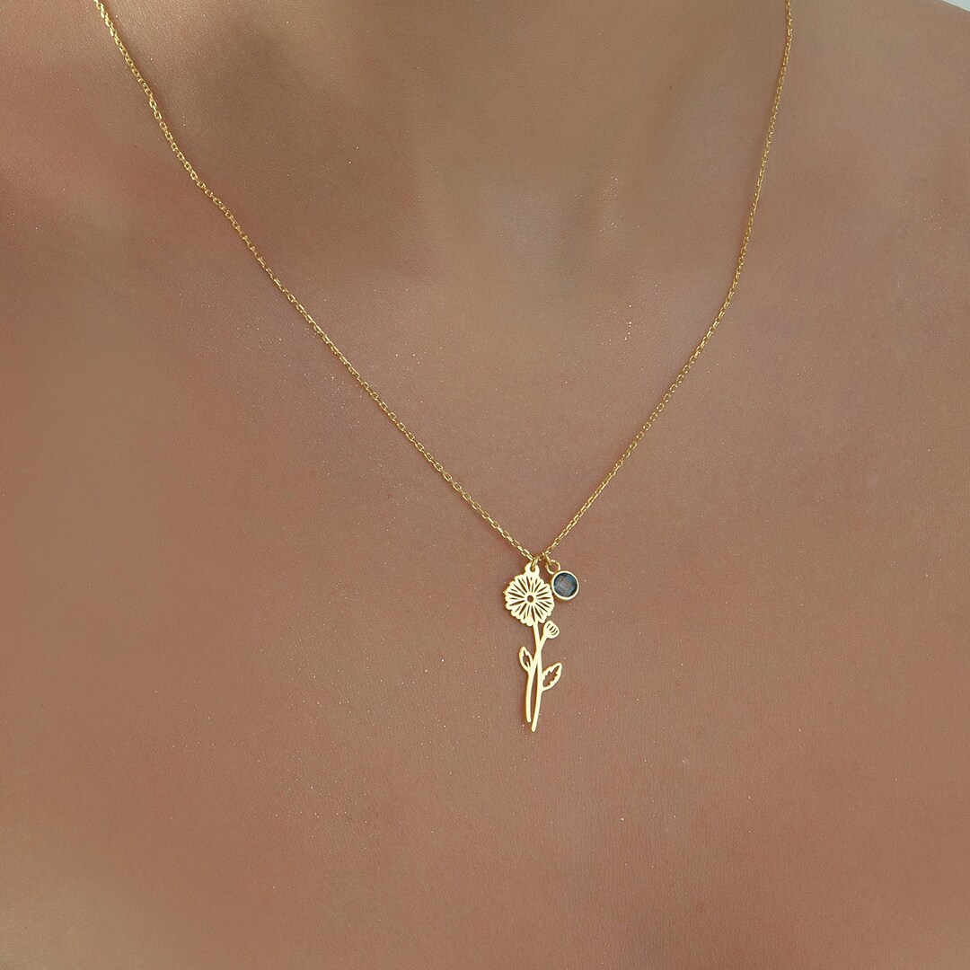 14K Gold Birth Flower Birthstone Necklace, Birthflower Necklace, Birth ...