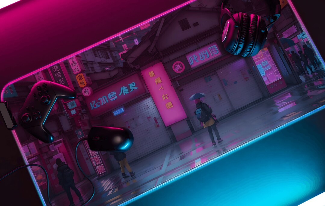 Japanese Desk Mat, LED Gaming Mousepad, XXL Gaming Desk Mat, Asian City ...