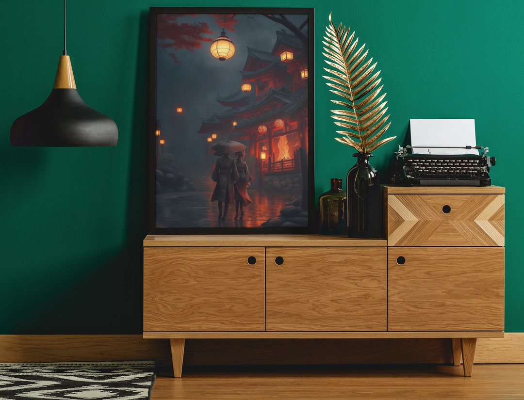 Traditional Japanese Poster: Ancient Village by Night - Autumn-inspired ...