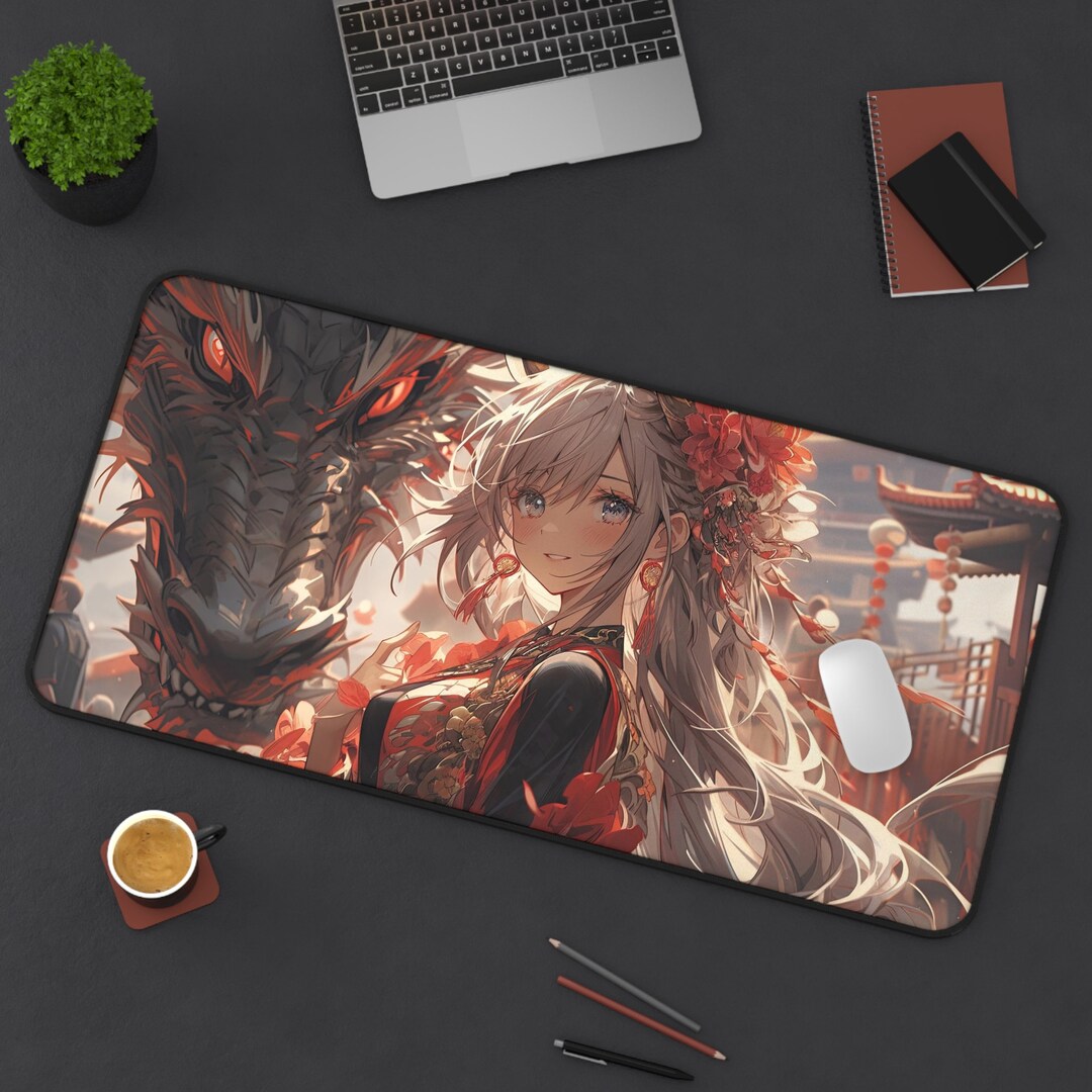 Cute Anime Girl Mousepad With Mystical Japanese Dragon Design - Gaming ...