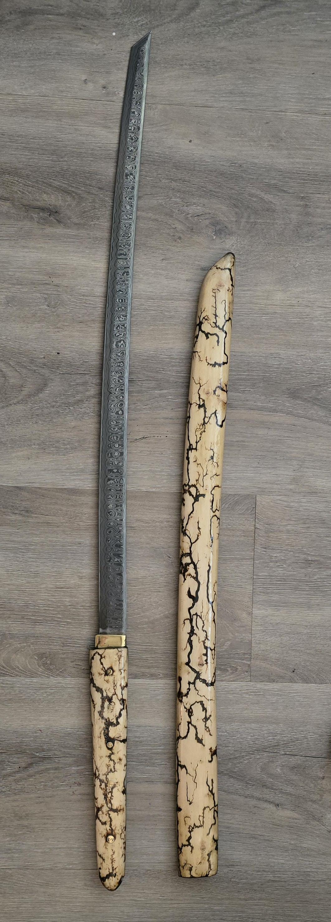 Damascus Katana Japanese Fighting Sword W/maple Hardwood Stable Sheath ...