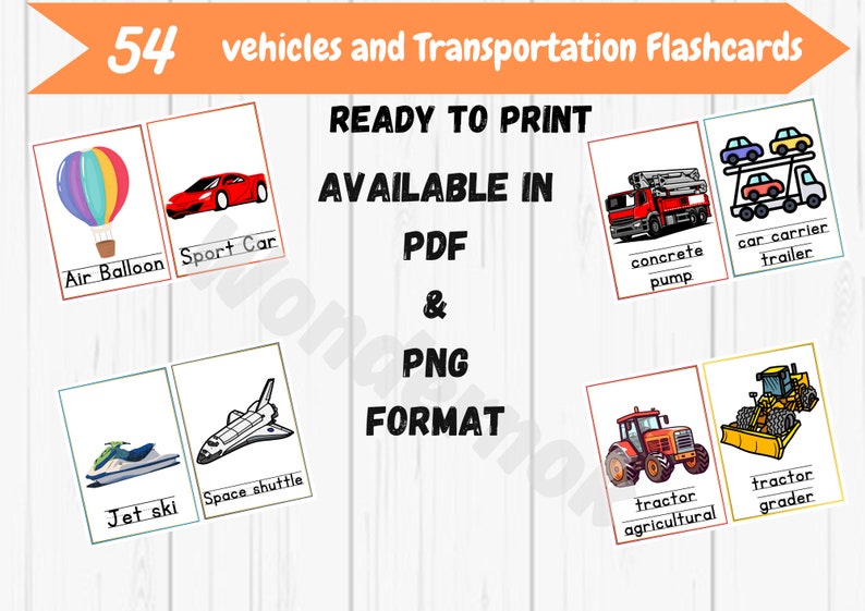Vehicle and Transportation Flash Cards,printable Cards Montessori Cards ...