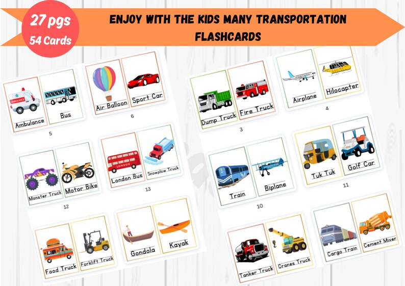Vehicle and Transportation Flash Cards,printable Cards Montessori Cards ...