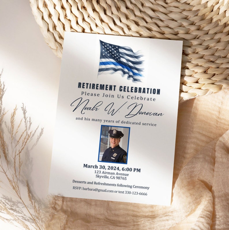 Police Officer Retirement Party Invitation With Photo, American Flag ...